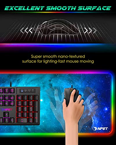 NPET MP02-SP Gaming Mouse Pad, Cloth Mouse Pad, Anti-Slip Base, RGB Backlit, Stitched Edges, Water-Resistant, Optimized for Gaming Sensors, XL