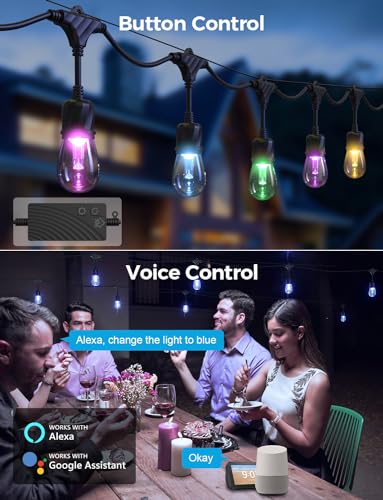 XMCOSY+ Patio Lights, 49Ft Smart Outdoor String Lights RGBW, 15 LED Bulbs, APP & WiFi Control, Compatible with Alexa, IP65 Waterproof String Lights for Outside, Color Changing Outdoor Patio Lights