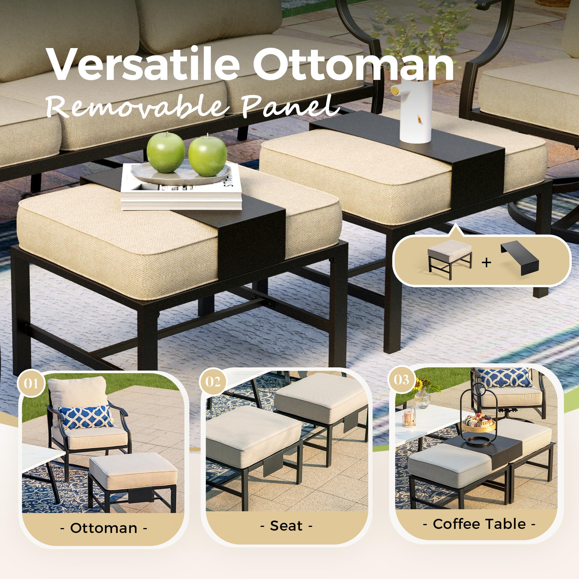MIXPATIO Patio Furniture Set 7 pcs, Outdoor Patio Furniture, 3-Seat Sofa, 2 Single Chairs, 2 Rocking Chairs, 2 Ottomans and 5.75" Extra Thick Cushion, Patio Conversation Set for Backyard Deck,Beige