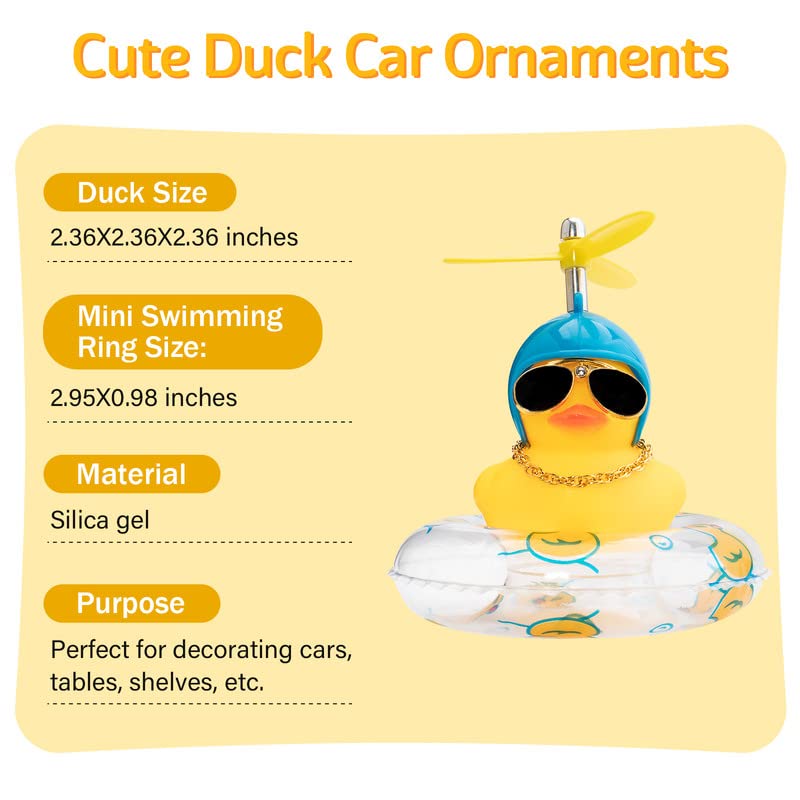 wonuu Rubber Duck Car Ornaments Yellow Duck Car Dashboard Decorations with Propeller Helmet Swim Ring Necklace and Sunglasses, Blue
