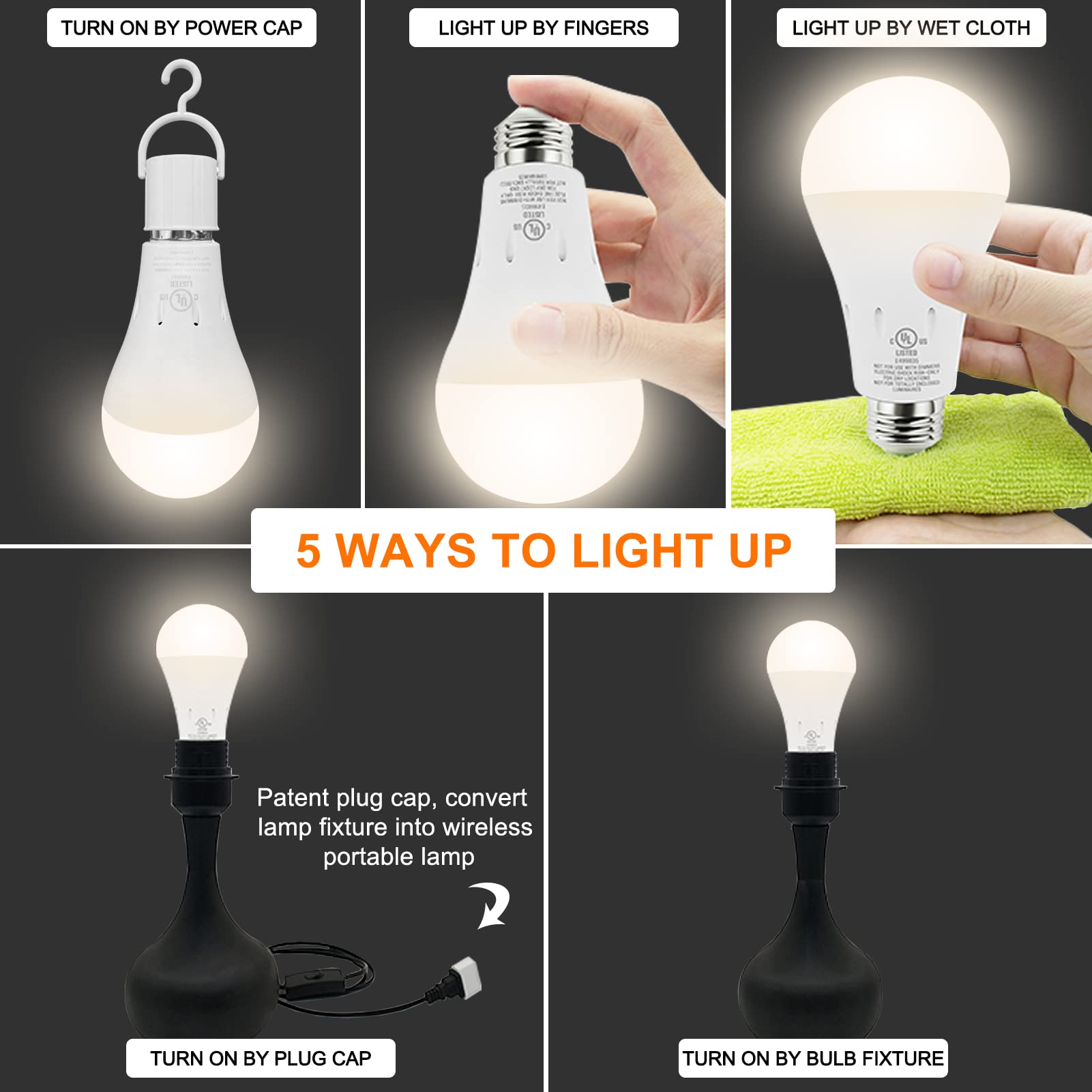 Rechargeable Light Bulb, GshionLyfe Emergency Light Bulbs for Power Outages Hurricane, 2 Dimmable 50% 100% Battery Backup Light Bulb Light up on Multi Bulbs Together 9W 850LM Soft White 3000K 120V E26