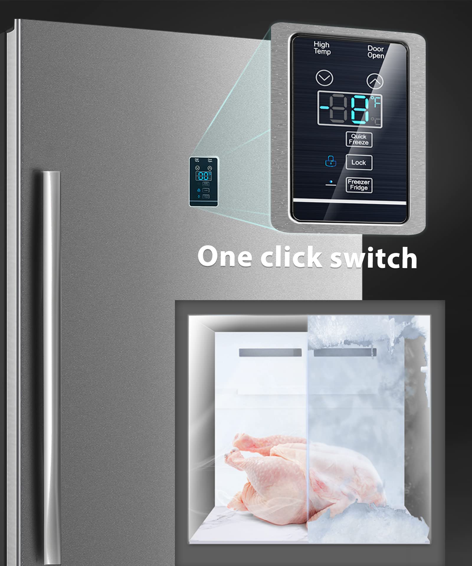 Techomey Upright Freezer 21 Cu.Ft, Stand Up Convertible Freezer/Refrigerator 115v, Garage Vertical Freezer with Single Door, Quick Freeze, Stainless Steel,Lock