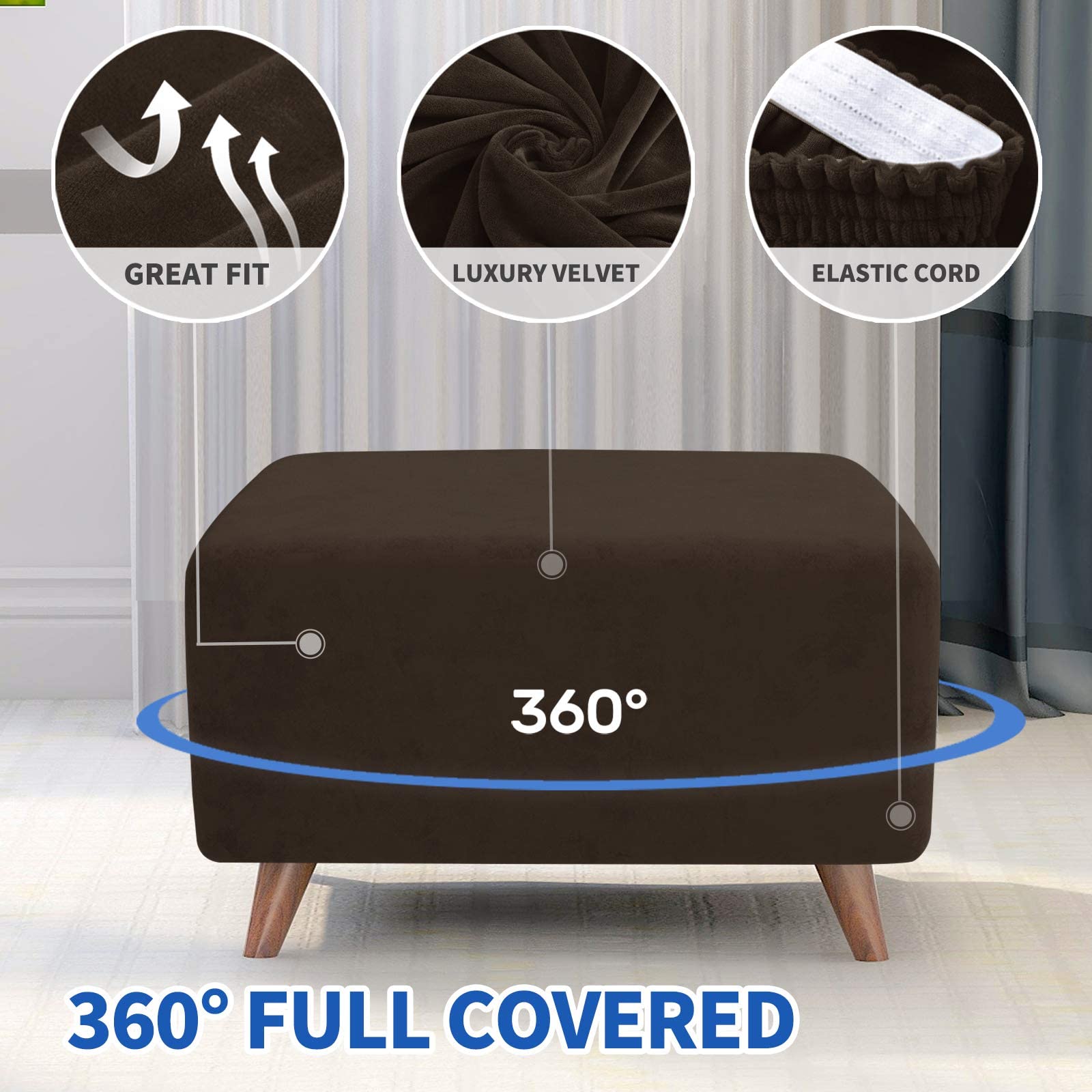 MAXIJIN Velvet Ottoman Slipcover Oversized Stretch Square Rectangle Footstool Slipcover Folding Storage Ottoman Covers for Living Room with Elastic Bottom (Ottoman X-Large, Dark Coffee)