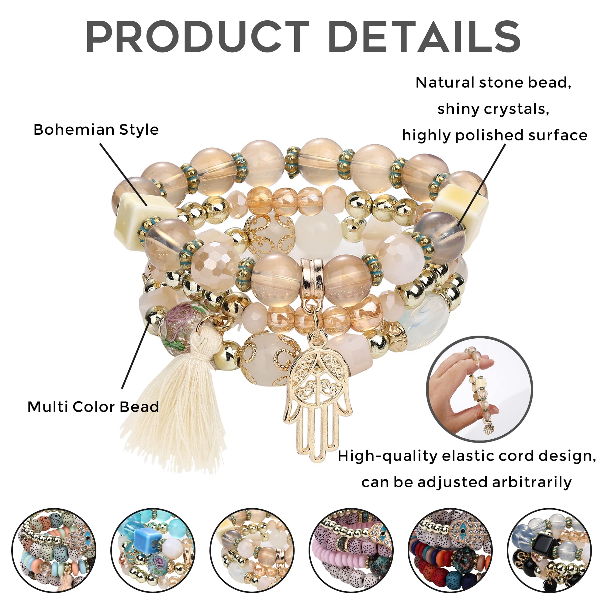 Sanfenly 6 Sets Bohemian Beaded Bracelets for Women Stretch Stackable Bracelet Set Multilayer Colorful Charms Boho Jewelry