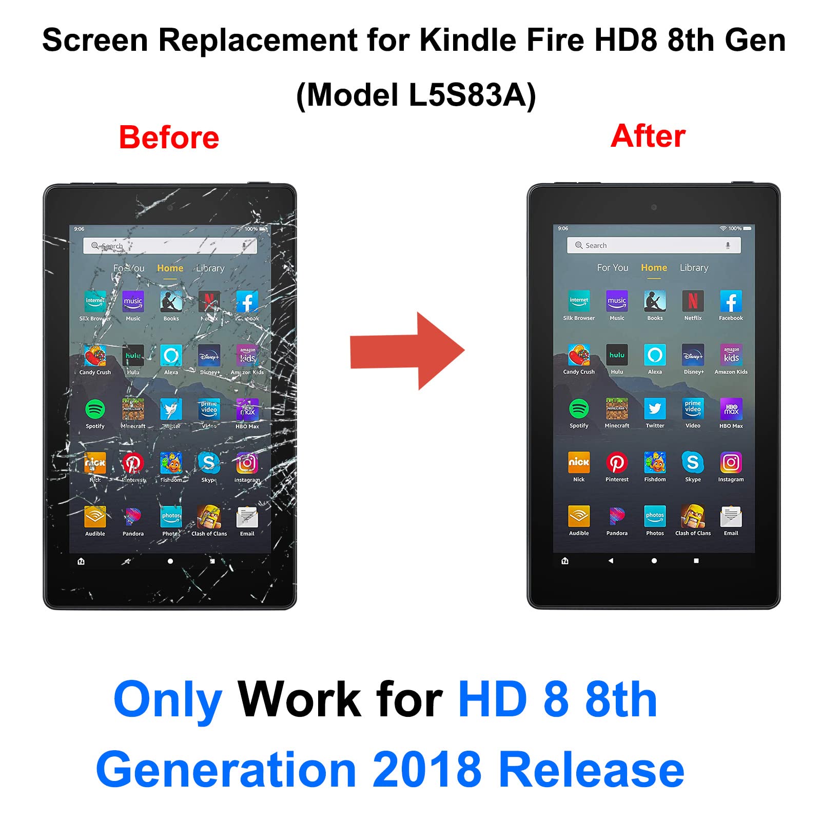 S-Union Upgraded Touch Screen Digitizer Replacement for Amazon Kindle Fire HD 8 8th Gen 2018 L5S83A with Tempered Glass Film and Professional Tool Kit (8 Inch)