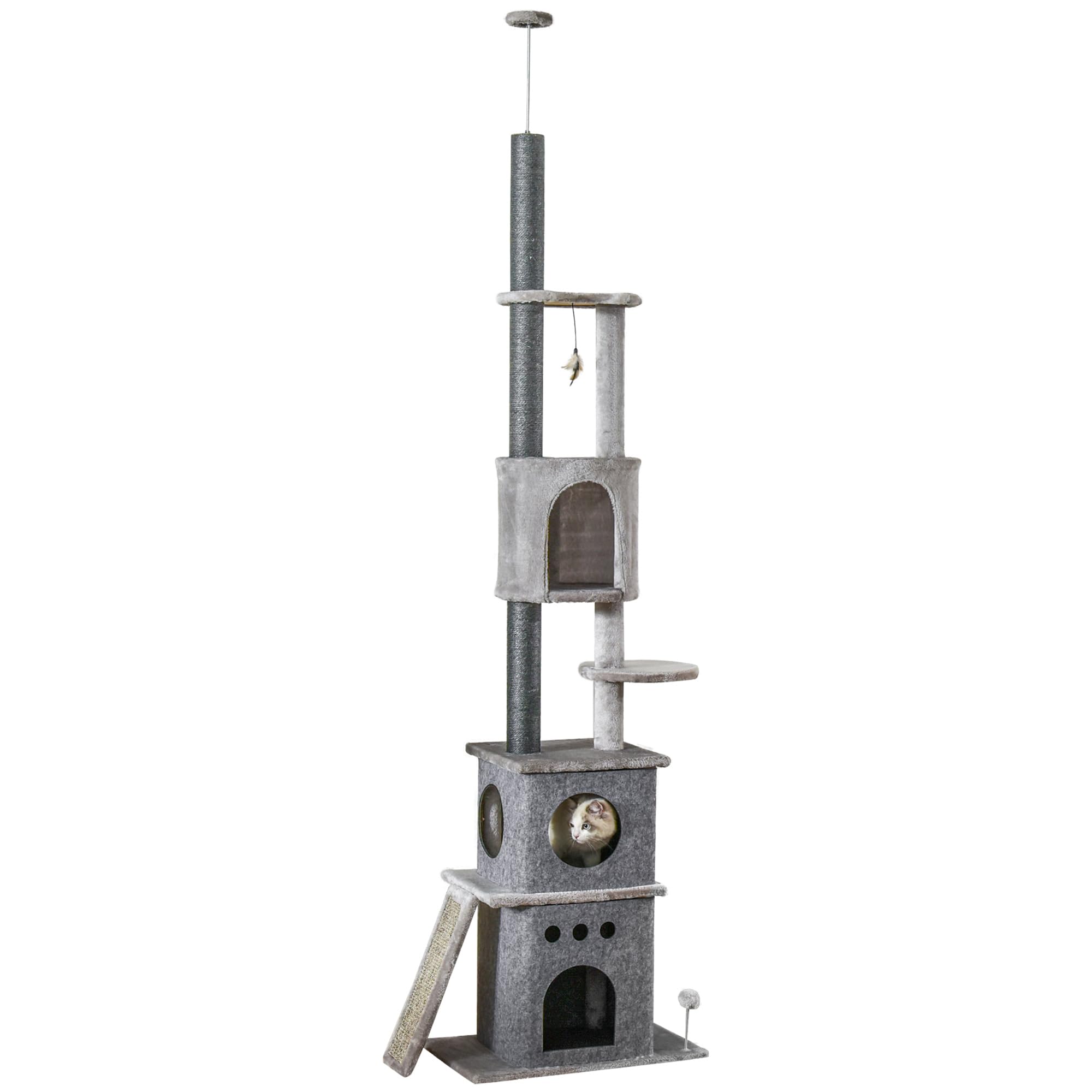 PawHut 100" Cat Climbing Tree Adjustable Kitty Activity Center Floor-to-Ceiling Cat Climber Toy with Scratching Post Play Double Condo Rest Post Pet Furniture Light Grey