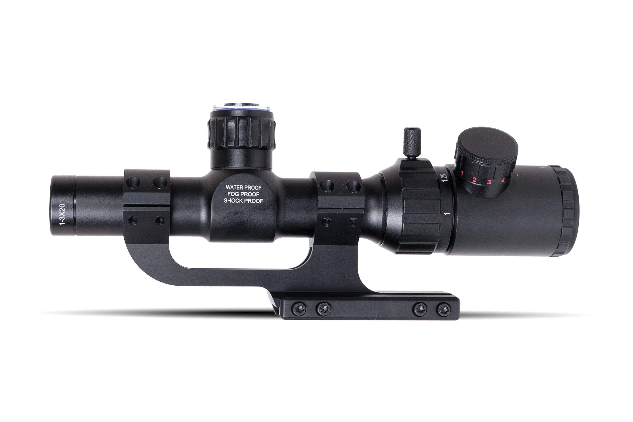 Monstrum 1-3x20 Rifle Scope with Rangefinder Reticle | ZR250 H-Series Offset Scope Mount | Bundle