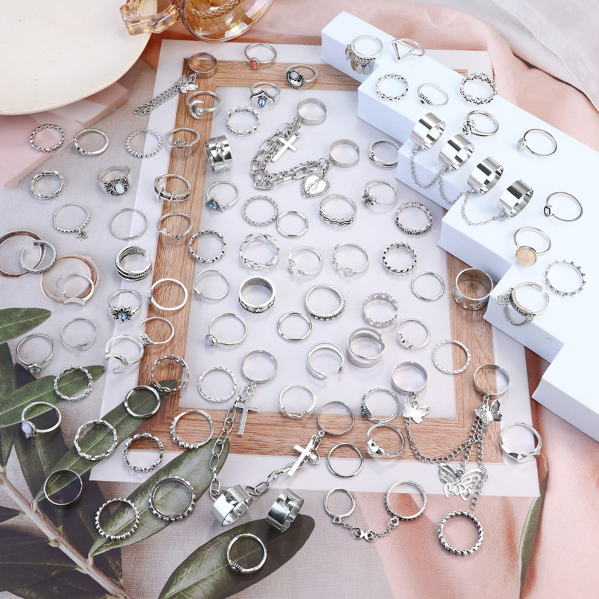 Sanfenly 85Pcs Silver Knuckle Rings Set for Women, Vintage Boho Punk Cross Butterfly Chain Finger Rings Stackable Rings Midi Rings Crystal Joint Finger Rings Pack