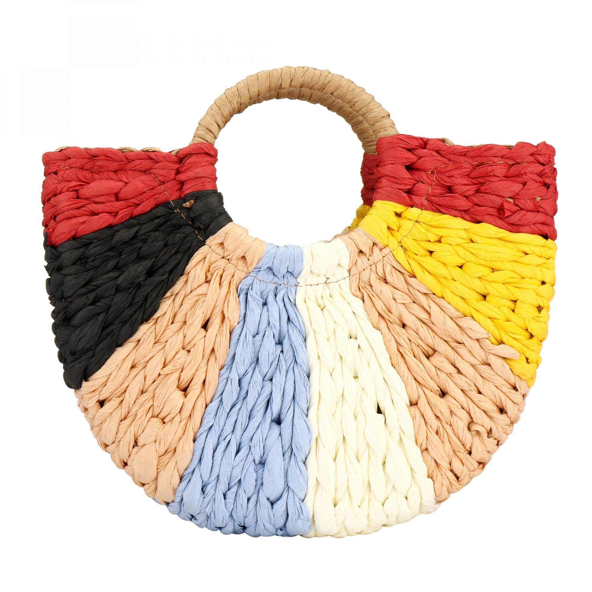 YYW Small Straw Handbag Colorful Hand-woven Summer Beach Rattan Top Handle Bag Woven Shoulder Bag (Multi)
