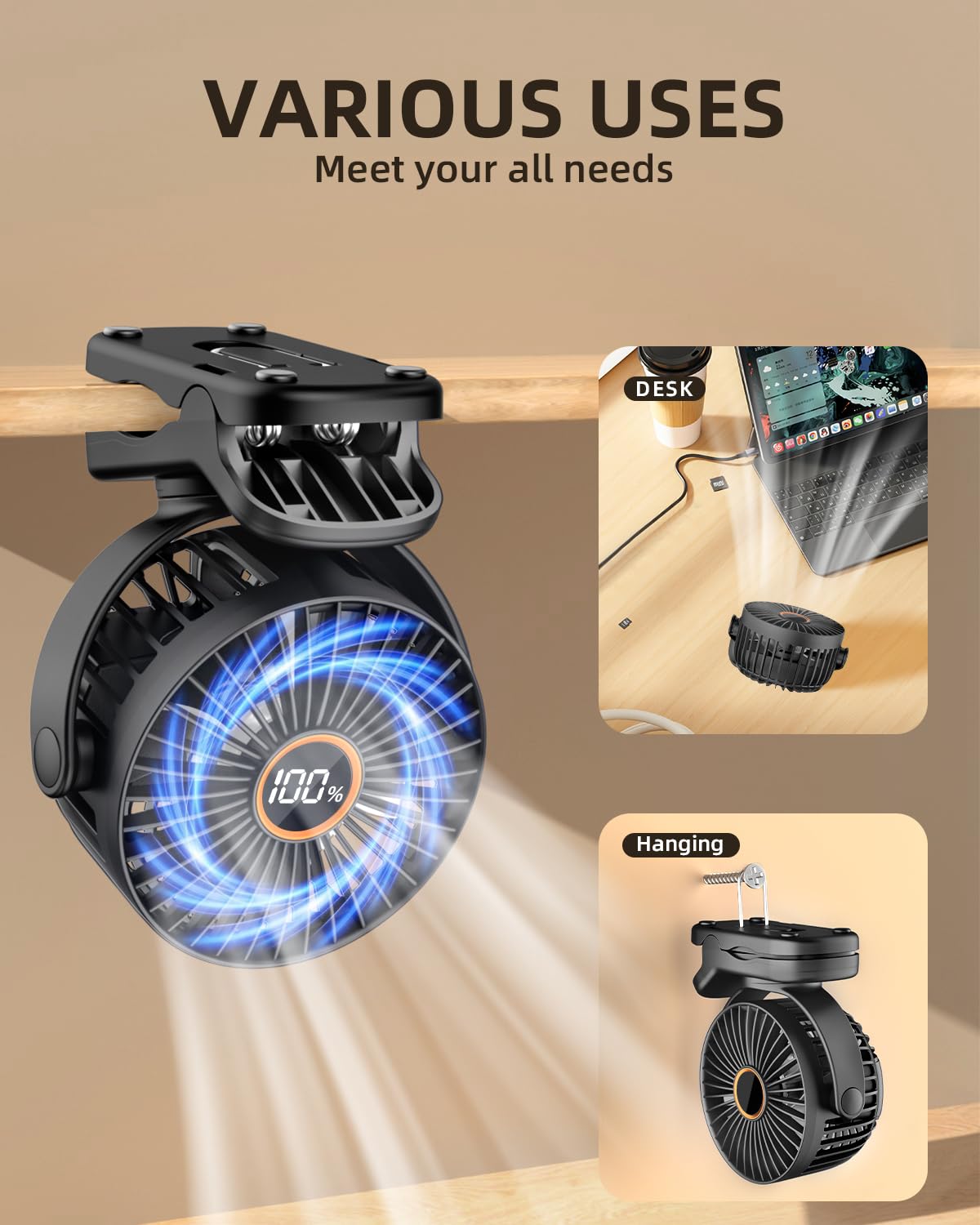 TUNISE Mini Clip on Fan, Battery Operated Desk Fan, Digital display,3 Speeds Adjustable, Bidirectional 360 ° Adjustable, Super Strong Wind, Portable Fan for Home Office Stroller Camping Black