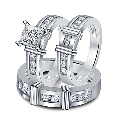Rosie Collection Hers Couples Matching Rings Women's 3pc Wedding Ring Bridal Sets & Men's 925 Sterling Silver CZ Diamond Engagement & Wedding Trio Bridal Ring Set Women's Size 12 & Men's Size 7