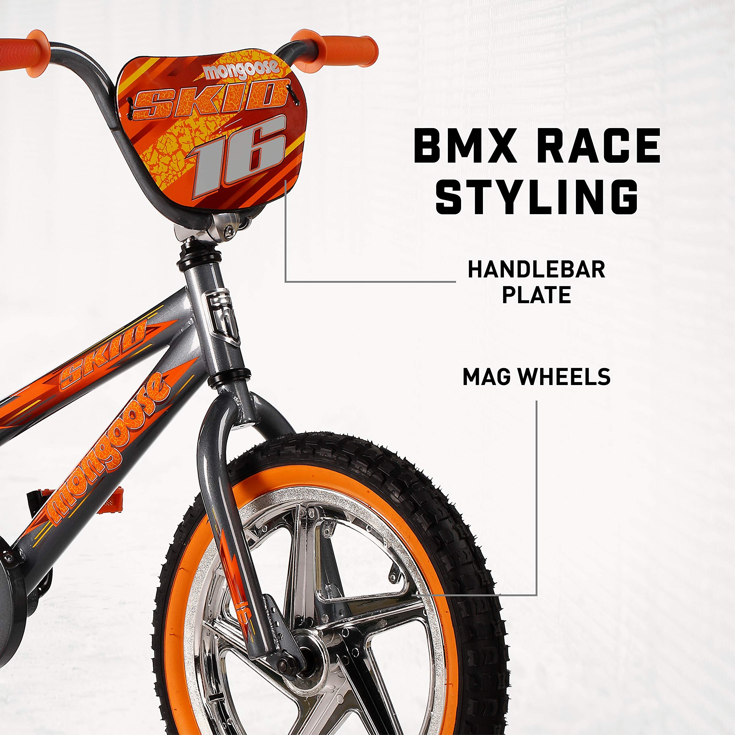 Mongoose Skid Boy's Freestyle BMX Bike with Training Wheels, 16-Inch Wheels, Grey