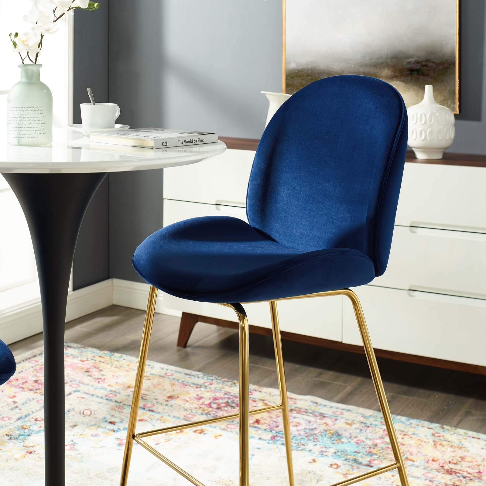 Modway Scoop Performance Velvet Dining Bar Stool with Gold Stainless Steel Metal Base in Navy