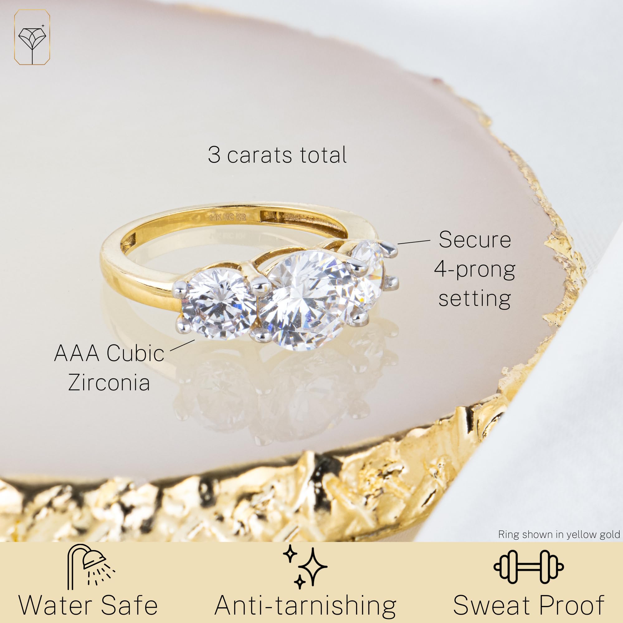 MAX + STONE 3 Carat Cubic Zirconia Anniversary or Engagement Ring for Women in 14k Solid Yellow Gold Three Stone CZ Size 7