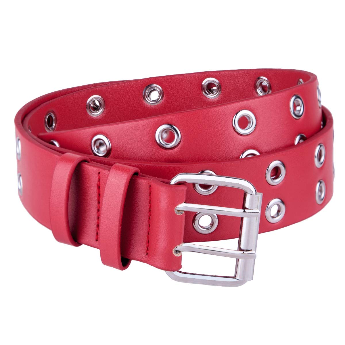moonsix Leather belt for Man for Women, Hole Belt Double Grommet Twin Prong 1.5 inch width, Red