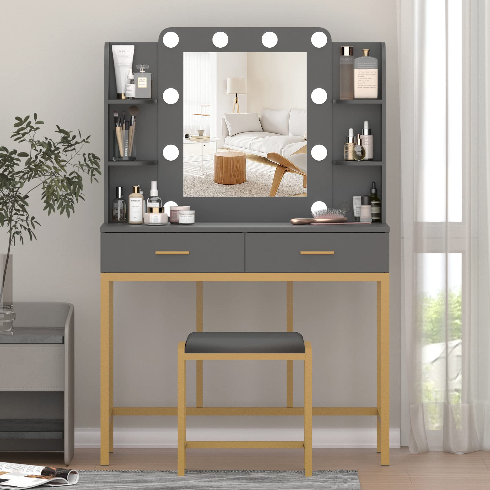 Makeup Vanity with Lighted Mirror, Black Vanity Mirror with Lights and Table Set, Vanity Set with 10 LED,Vanity Desk with 3 Lighting Modes and 2 Drawers&Cushioned Stool for Bedroom