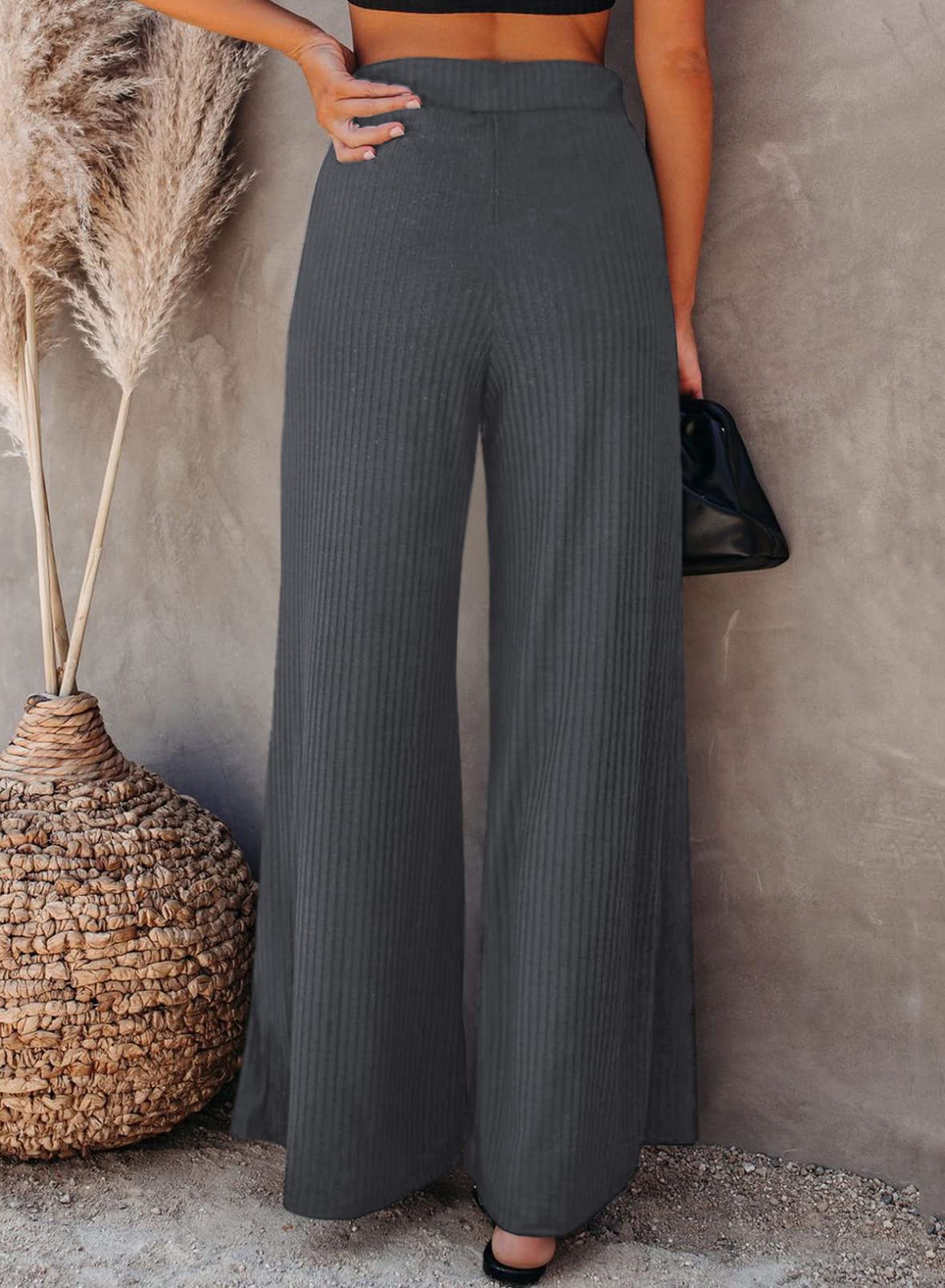 ROSKIKI Women's Casual Summer Relaxed Fit Ribbed Knit Elastic Waist Sweatpants Comfy Solid Color Yoga Wide Leg Pants Gray Small