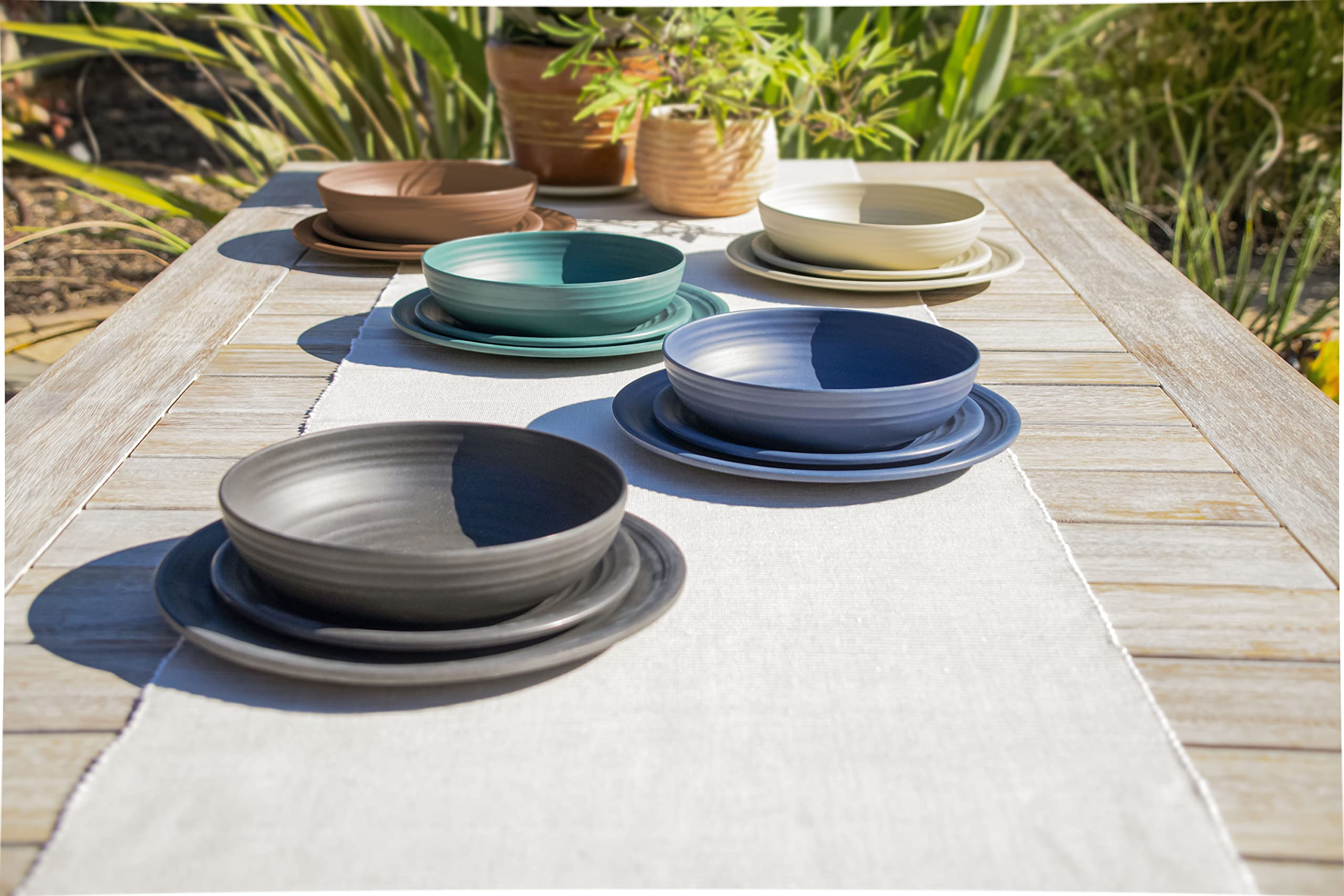 TarHong Planta Artisan Solids Low Bowl, Planta (Majority Plant Based with Melamine Binder), Shatterproof, Indoor/Outdoor Entertaining, Matte Teal, Set of 6