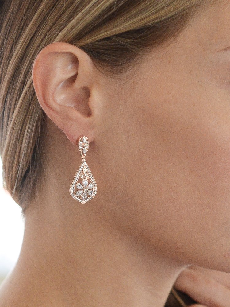 Mariell CZ Clip On Rose Gold Earrings - Art Deco Jewelry for Weddings, Bridal, Bridesmaids & Formals