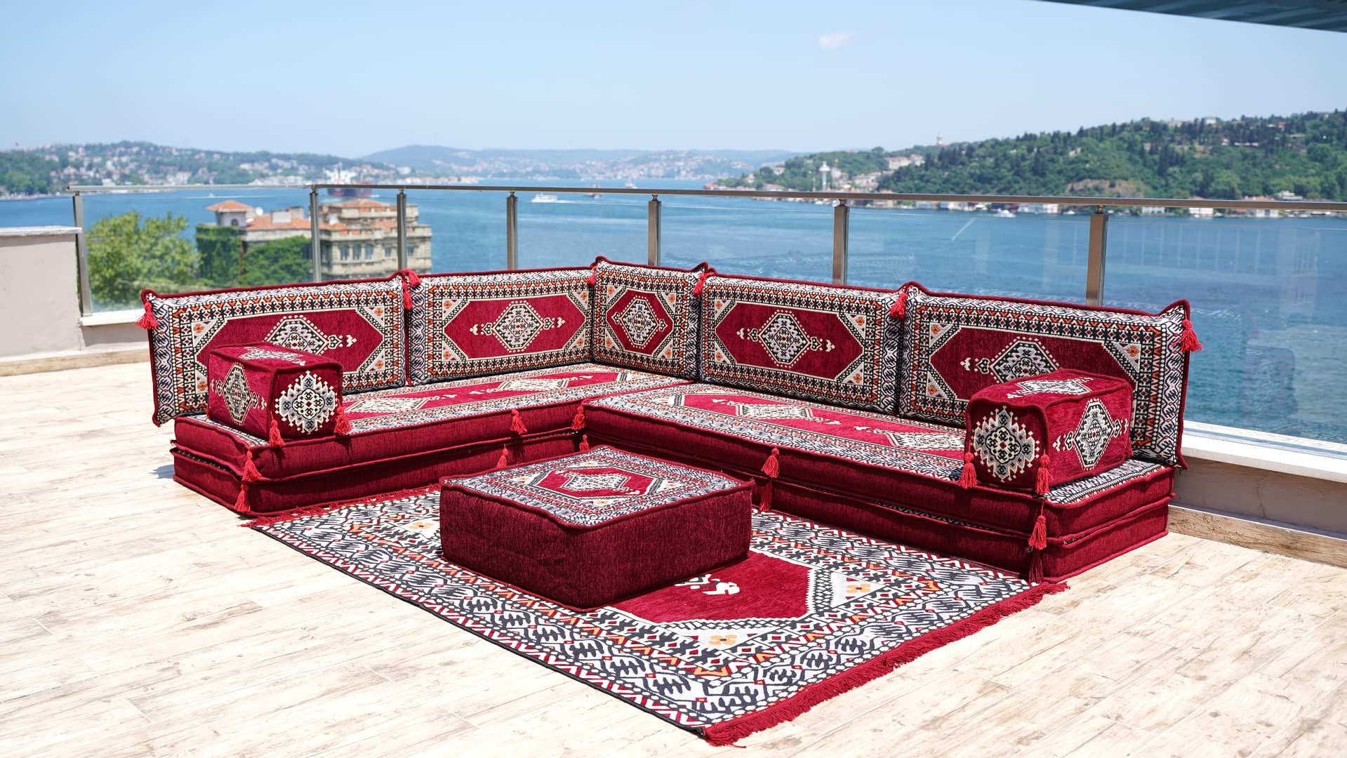 Maroon L Shaped Sectional Sofas, Arabic Sofa Set, Terrace Pallet Sofa, Floor Cushions, Arabic Majlis, Pouffs, Turkish Floor Seating Set (L Sofa + Rug + Ottoman, 8'' Thickness (20 cm))