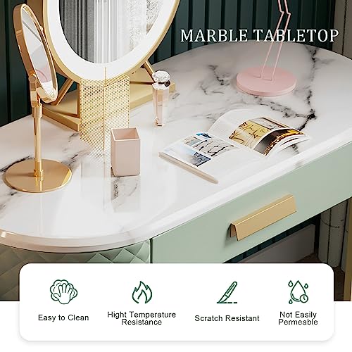 Makeup Vanity with Mirror and Lights, Luxury Dressing Table Wrapped in Microfibre Leather, Modern Vanity Set with Marble Countertop, Side Cabinet, 3 Solid Wood Drawers, Soft Chair - 31.5In Black