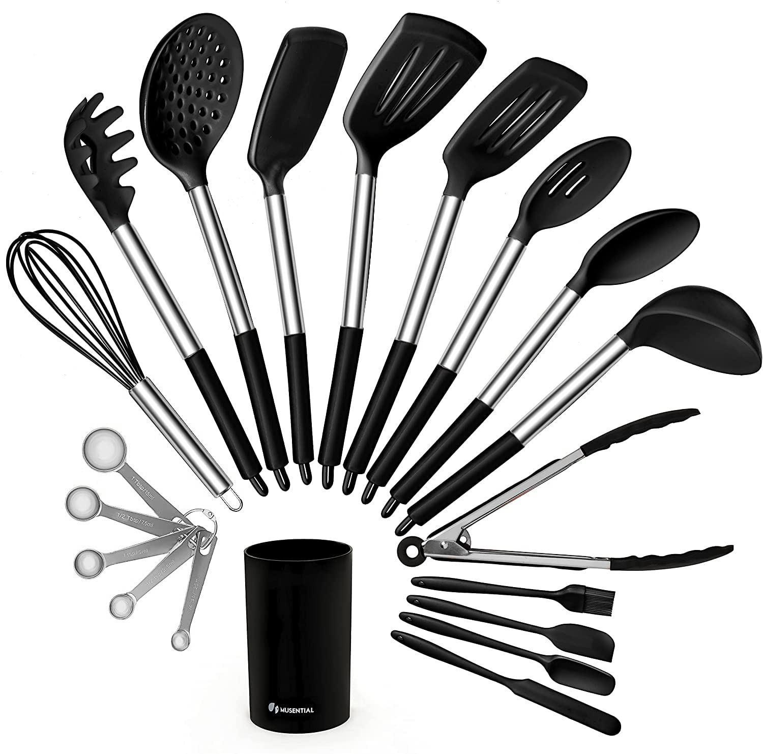 MUSENTIAL 20-Piece Kitchen Utensil Set with Holder, BPA-Free Silicone and Stainless Steel Handle, Non-Stick and Heat Resistant Cooking Spatula Utensil Set (Black/Silver)
