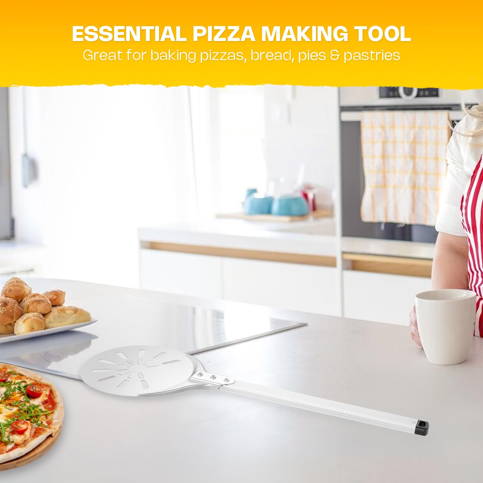 TUVOLLZ Pizza Turning Peel 8-inch, Hard-anodized Aluminum Pizza Turner Peel Long Handle, Lightweight Perforated Turning Pizza Peel Spinner, Pizza Oven Accessories