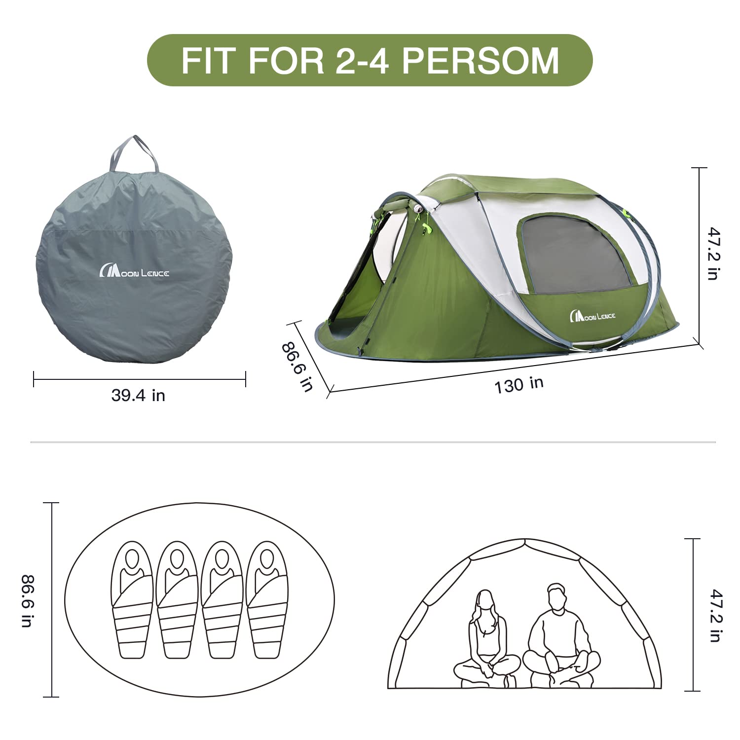 Moon Lence Pop up Tent 4 Person Camping Tent Waterproof Tent 3 Ventilated Mesh Windows,2 Big Doors Instant Tent for Family Easy Setup