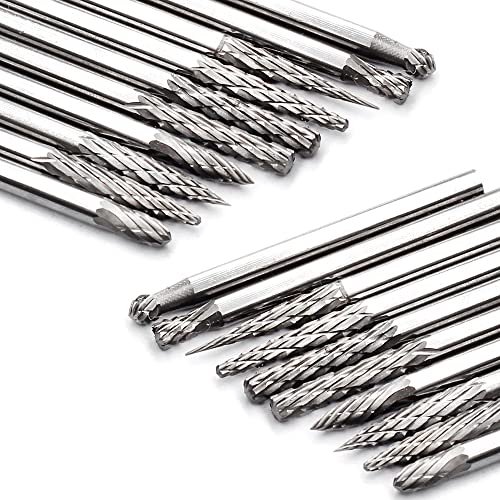 YUFUTOL 20pcs Solid Carbide Burr Set 0.118‘’(3mm)Shank Tungsten Carbide Rotary Files Burrs with 3mm Cutting Head Diameter Fits Most Rotary Drill Die Grinder for Woodworking,Engraving,Drilling,Carving