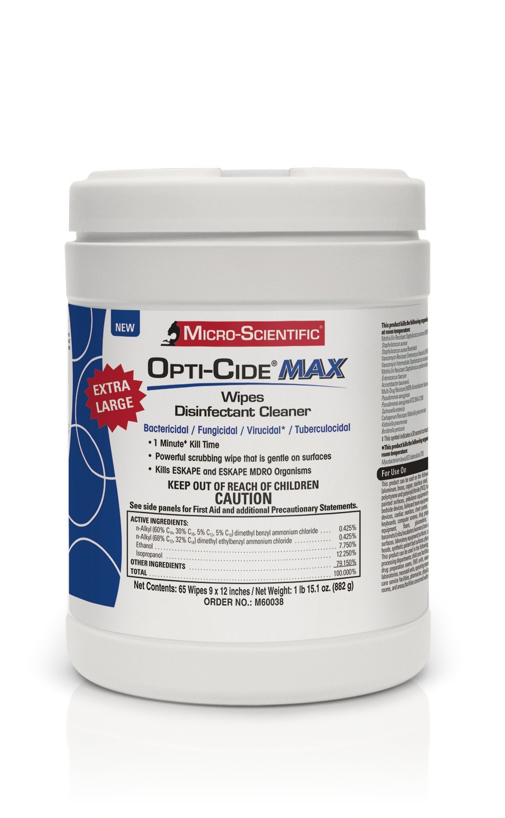 Micro-Scientific M60038 Disinfectant Cleaner Wipe, XL, 9" Width, 12" Length, Pack of 65