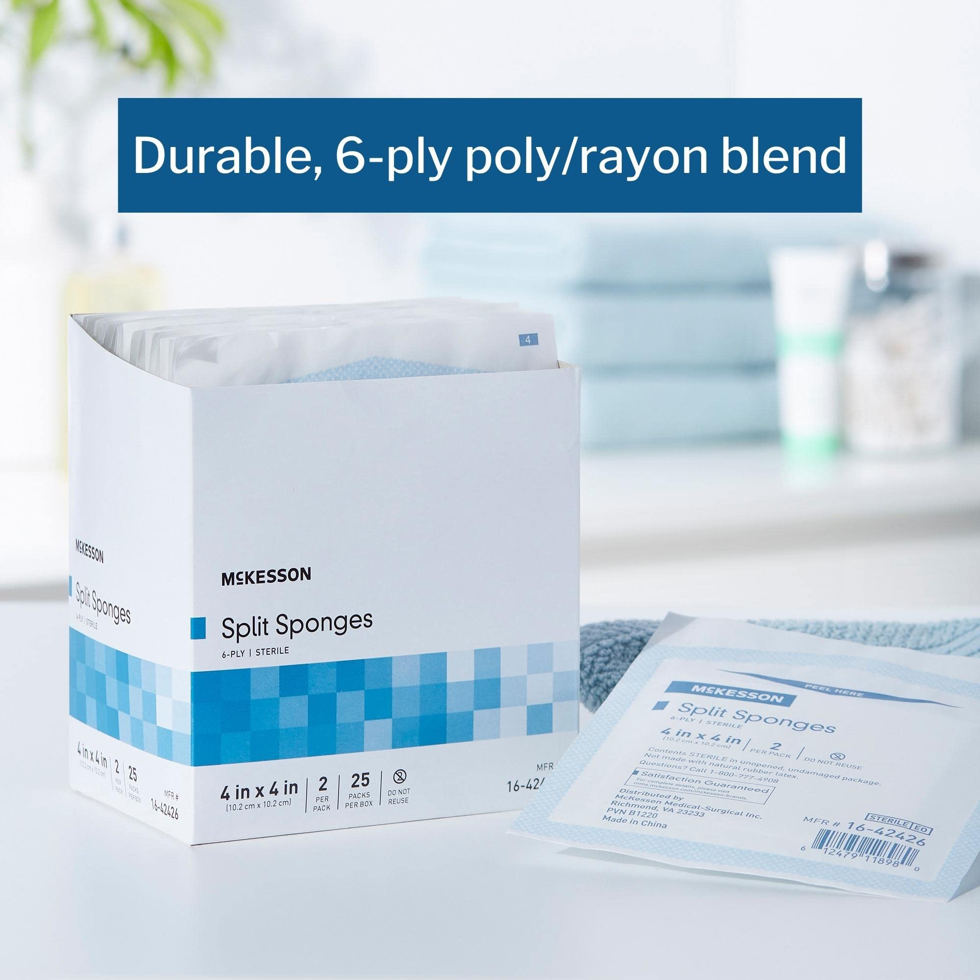 McKesson Split Sponges, 6-Ply Sterile, I.V. and Tracheostomy Dressings, Polyester / Rayon Blend, 4 in x 4 in, 2 per Pack, 300 Packs, 600 Total