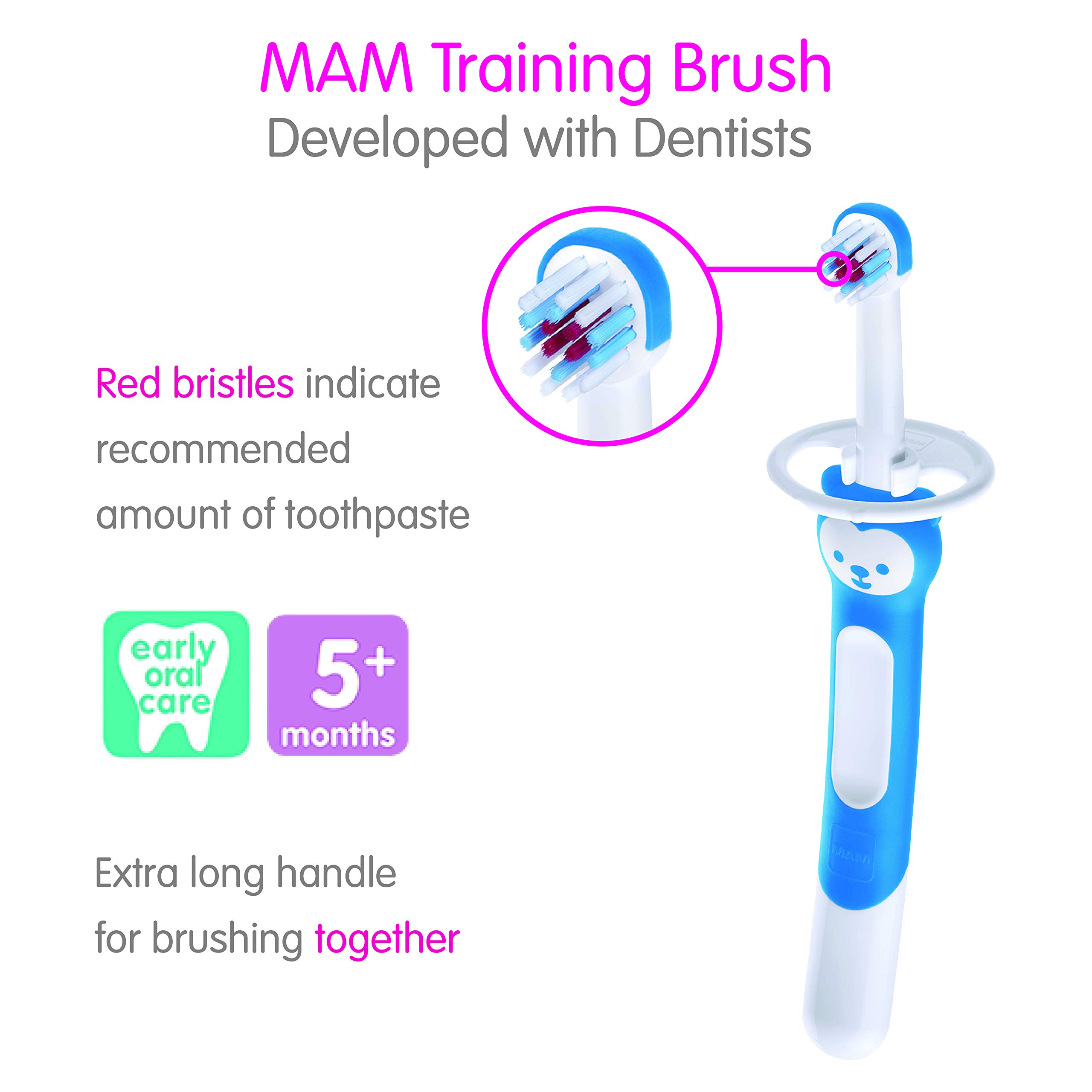 MAM Training Toothbrush for Babies (1 Baby's Brush with Safety Shield), Baby Toothbrush with Brushy The Bear Character, Interactive App, for Boys 5+ Months, Blue