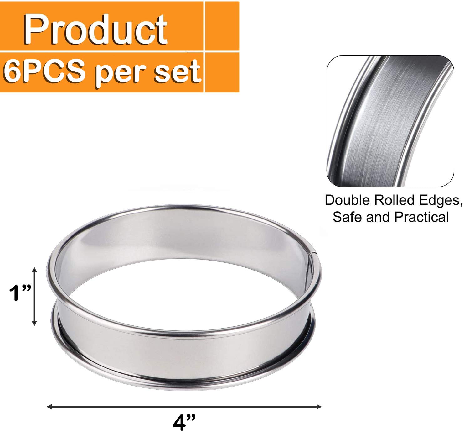 Uncle Jack 6 Pack 4‘' Double Rolled English Muffin Rings, Stainless Steel Crumpet Rings, Tart Rings, Round