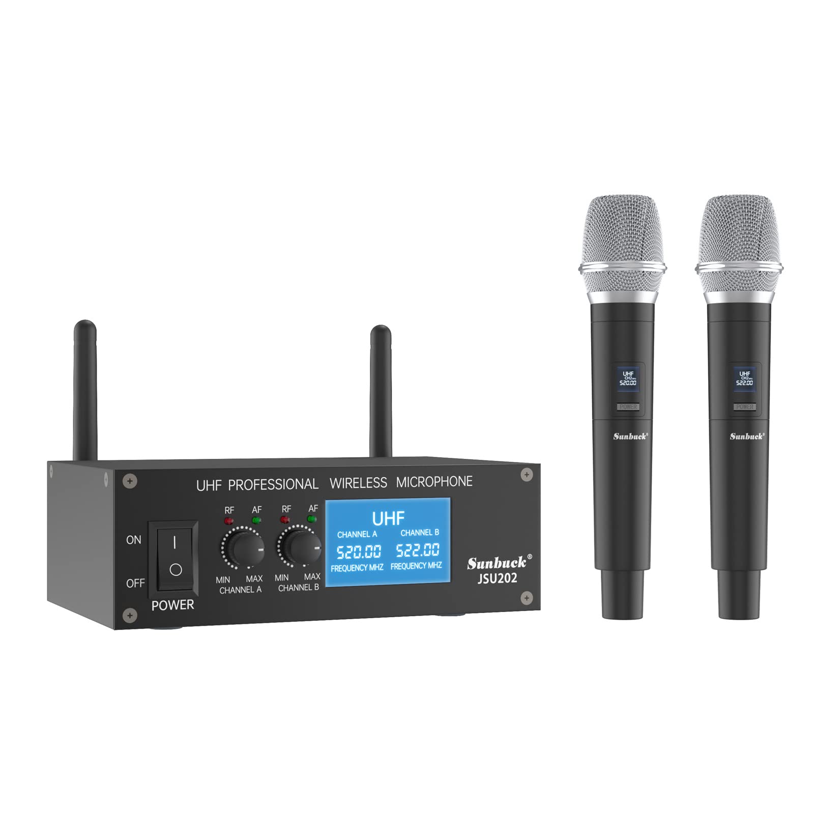 Sunbuck Wireless Microphone System, 2 UHF Cordless Dynamic Mic, Handheld Microphone System, Fixed Frequency,Easy to use, Wireless Microphone Set for Home Karaoke/Wedding/Church/Singing/Party, 280ft