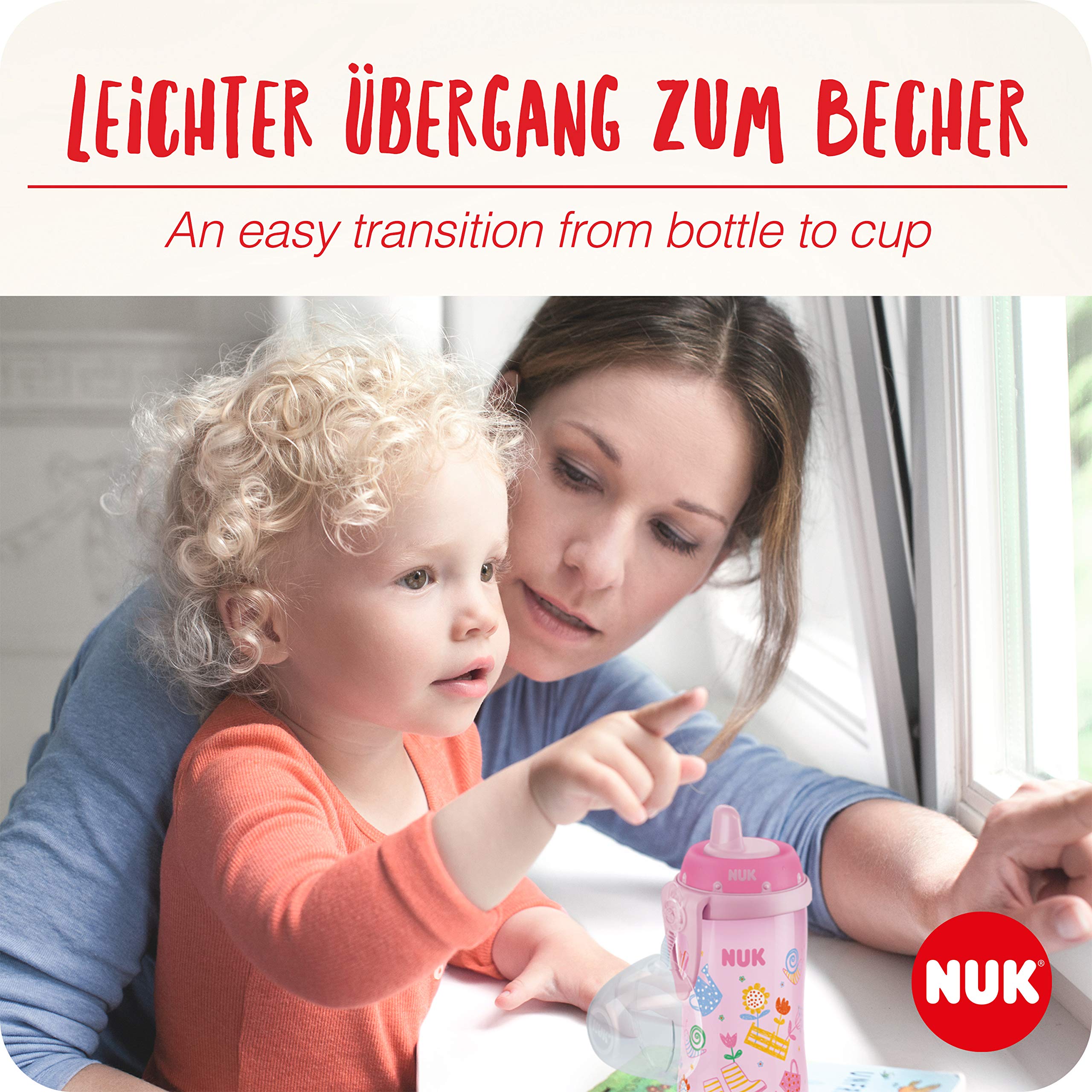 NUK First Choice+ Kiddy Cup Toddler Cup | 12 Months+ | Leak-Proof Toughened Spout | Clip & Protective Cap | BPA-Free | 300 ml | Pink Garden