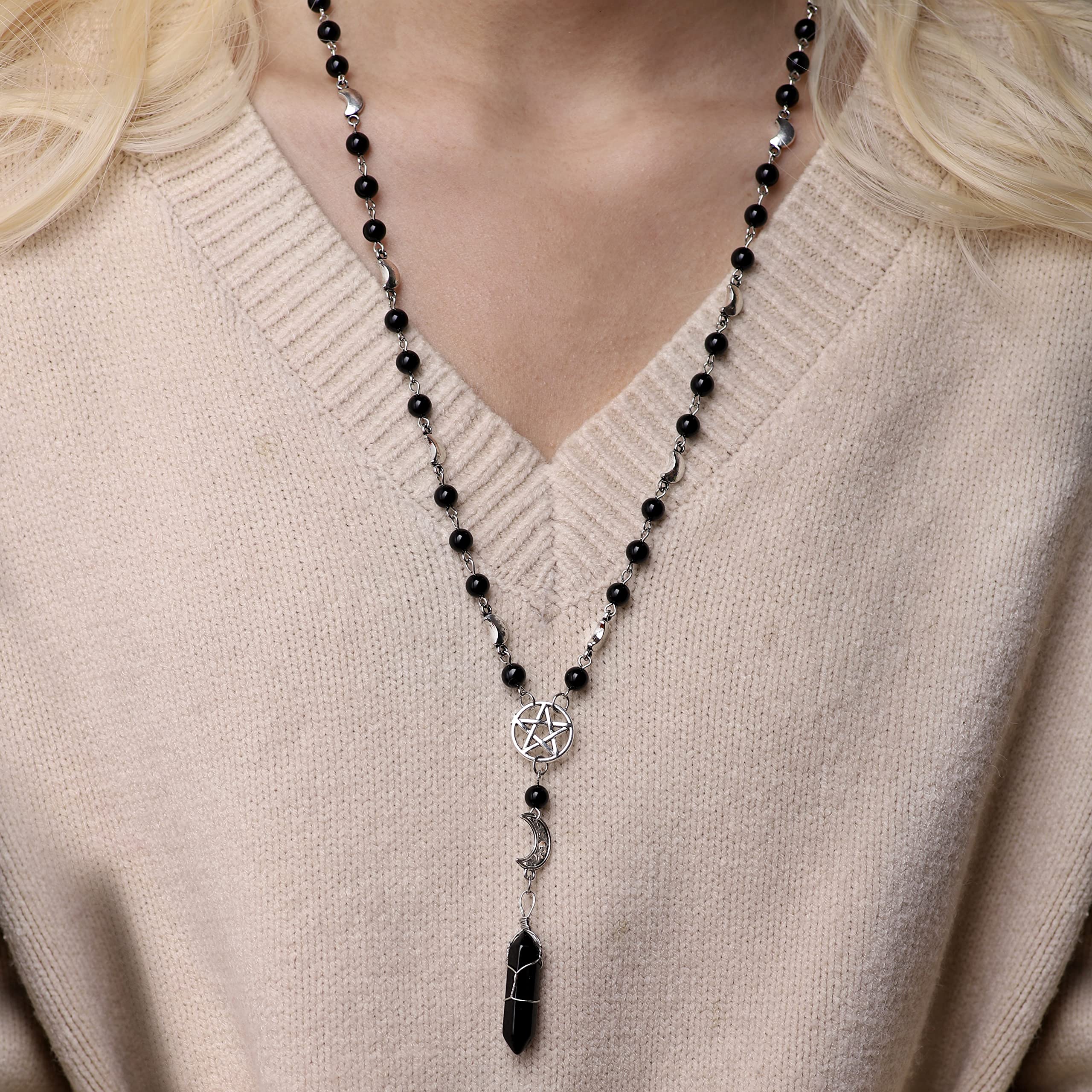 Sacina Gothic Crescent Moon Choker Necklace, Moon Sun Pendant, Goth Gift for Women, Christmas Gift for Women (Bead Moon Pentagram Crystal)