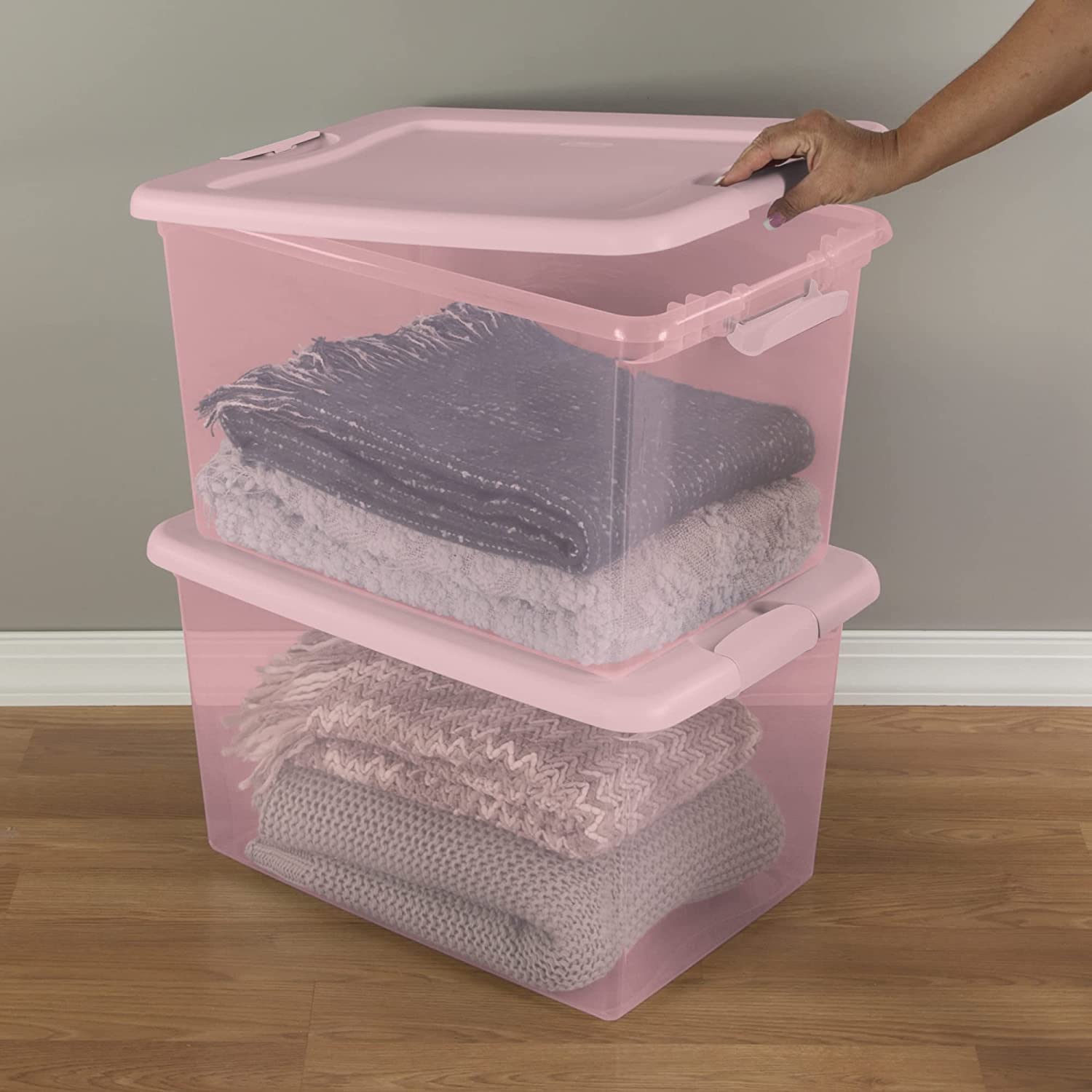 ONECAM 64 Quart Plastic Stackable Storage Container Bin Box Tote with White Latching Lid Organizing Solution for Home & Classroom, Blush Pink Tint,6 Pack