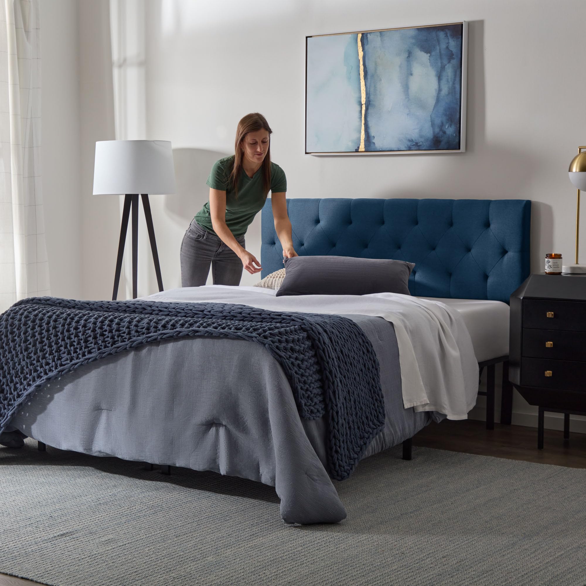 LUCID Mid-Rise Upholstered Headboard - Diamond Tufted - Padded Polyester - Adjustable Height from 34β to 46β - Easy Assembly - Bed Frame or Wall Mount - Sturdy - Cobalt - Queen Size