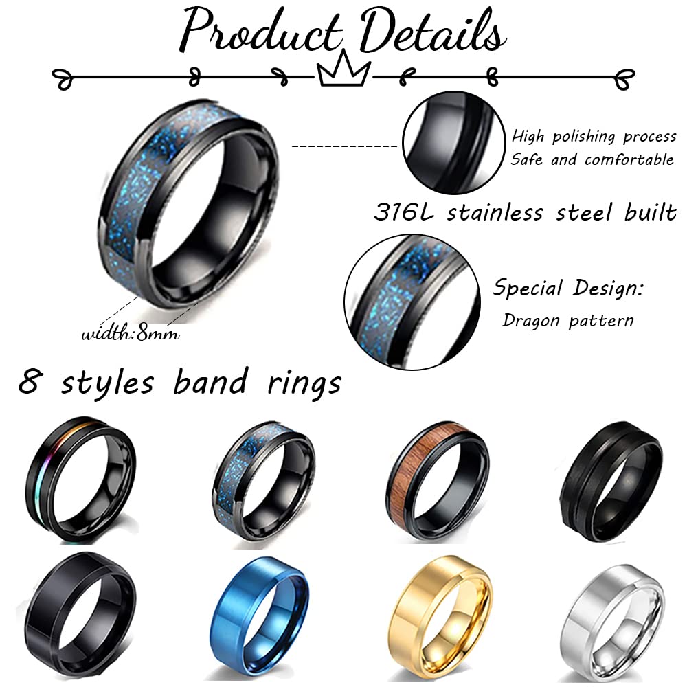 SAMOCO 16 Pcs Stainless Steel Fidget Band Rings for Men Women Cool Dragon Chain Stress Anxiety Relief Wedding Promise Band Ring Set Size 11