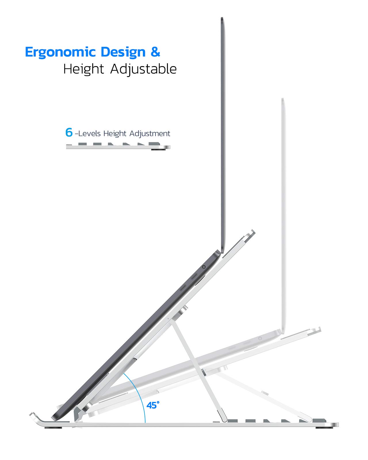 Nulaxy Laptop Stand, Portable Computer Laptop Mount, Aluminum Laptop Riser with 6 Levels Height Adjustment, Fully Collapsible, Supports up to 44lbs (B-Silver)