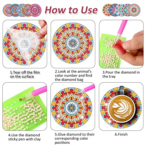 MONKLE 10 Pcs Coasters Kits with Dimensional Holder, DIY Cat Coaster Diamond Art Kits Non-Slip Coaster for Beginners, Kids and Adults Art Craft Supplies Gift (10 Pcs Mandala)