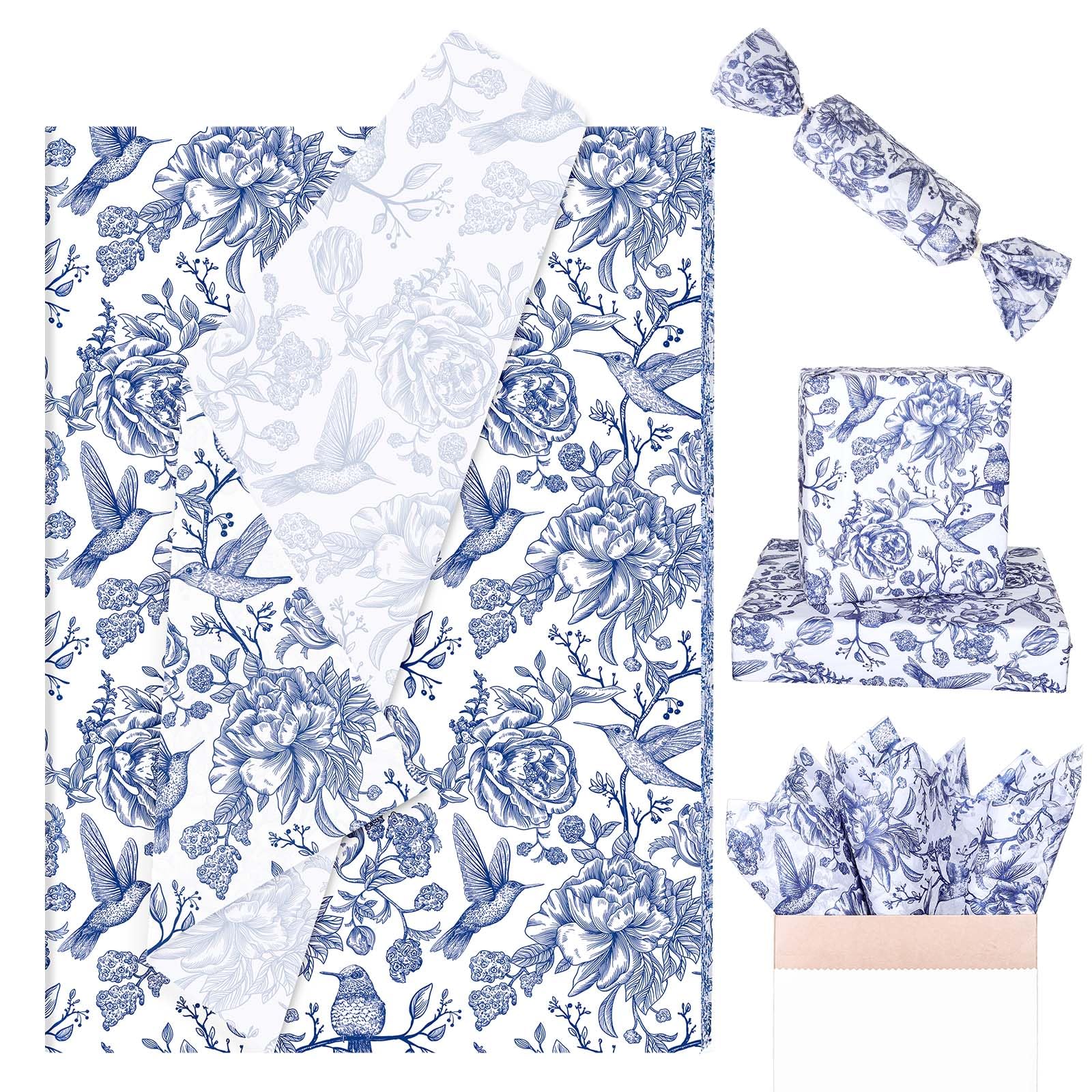 Whaline 100 Sheets Blue White Floral Tissue Paper Chinoiserie Flower Bird Gift Wrapping Paper DIY Art Craft Tissue Paper for Packaging Wedding Birthday Baby Shower, 13.7 x 19.6 Inch