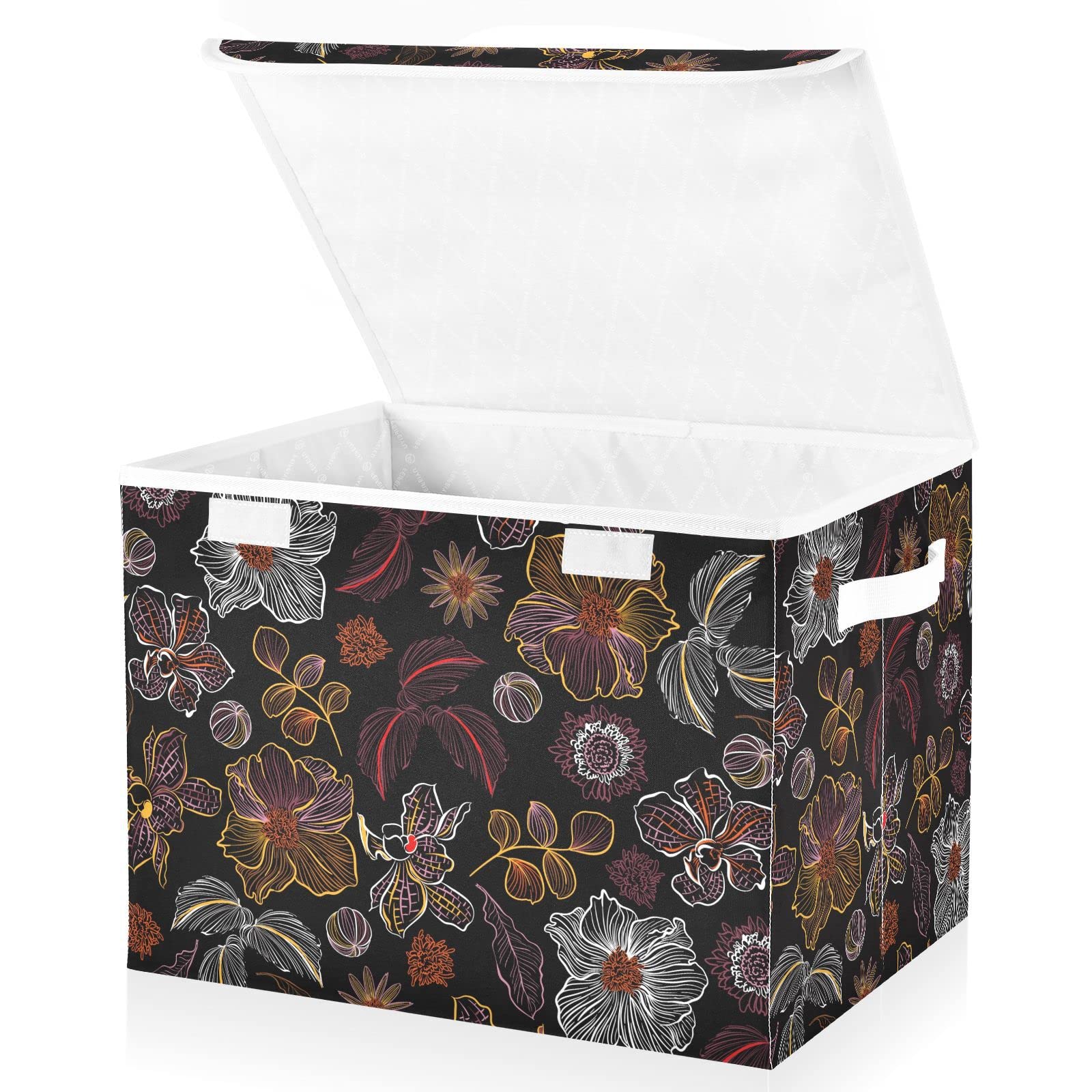 NFMILI Storage Bins (Elegant Flowers) with Lid And Handles, Foldable Storage Basket Large Capacity Household Cube for Organizing Cloth Toys Books 16.5×12.6×11.8 IN