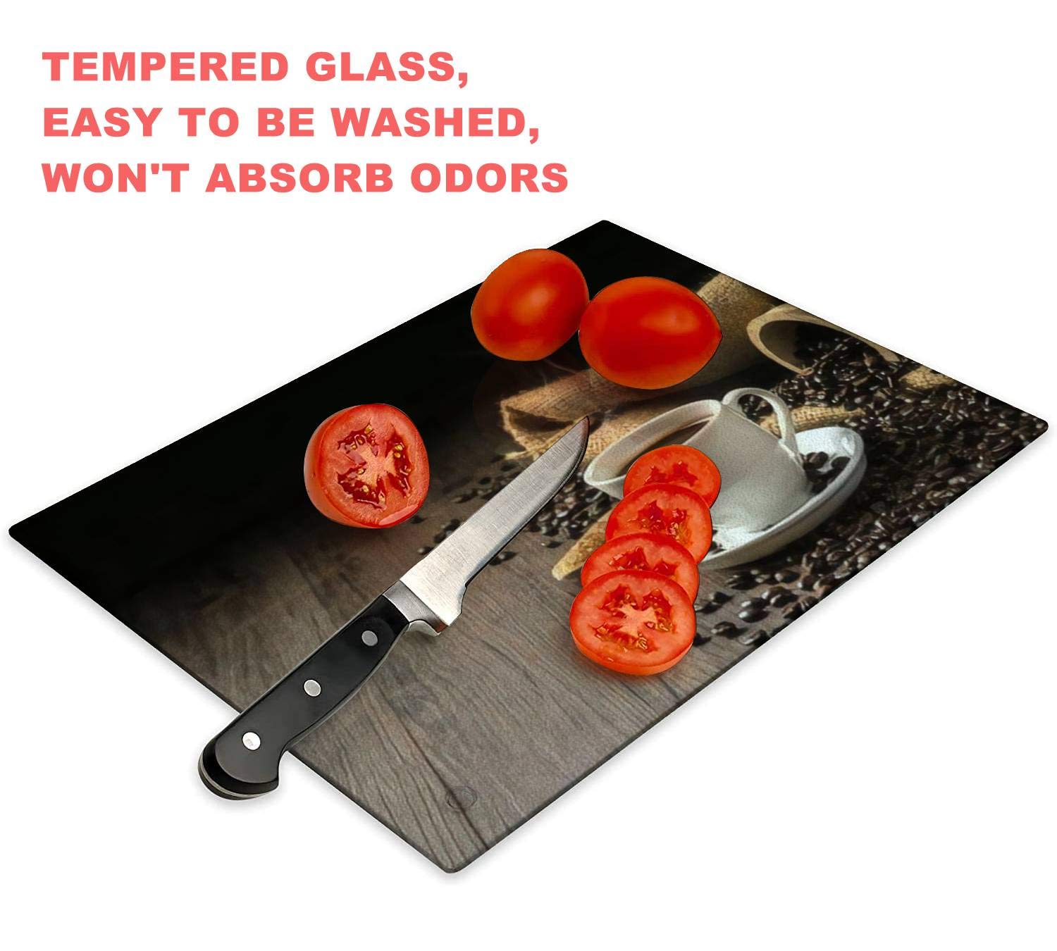 Tempered Glass Cutting Board Hot coffee in a white coffee cup and many coffee beans placed around Tableware Kitchen Decorative Cutting Board with Non-slip Legs, Serving Board, Large Size, 15" x 11"