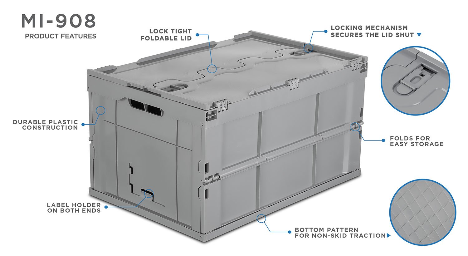 Mount-It! Collapsible Plastic Storage Crate, Folding and Stackable Utility Distribution Container with Attached Lid, 65L Liter Capacity, Pack of 1