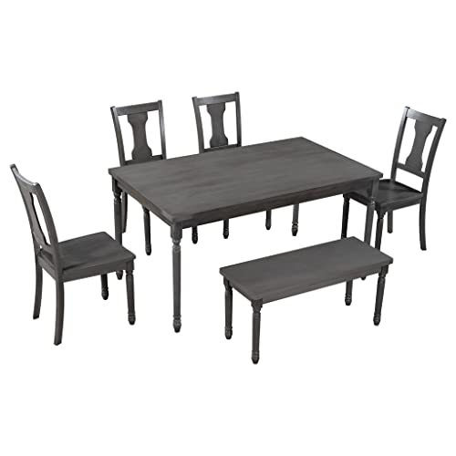 MJWDP 6 Piece Classic Dining Table 1 Wooden Table + 4 Chairs + 1 Kitchen Dining Bench Grey