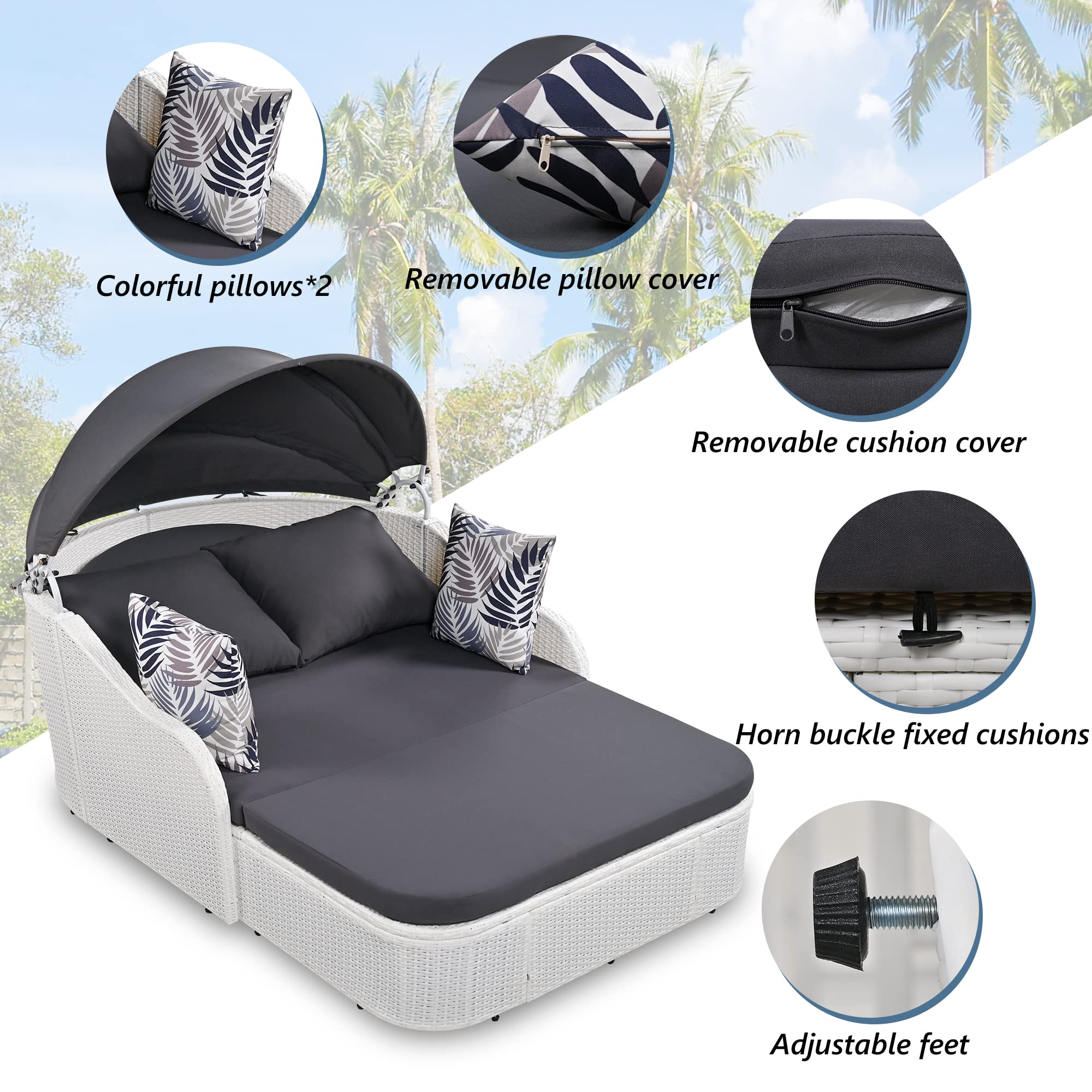 Merax Patio Furniture Sets, Outdoor Sunbed with Adjustable Canopy, Double Lounge, PE Rattan Daybed, White+Gray