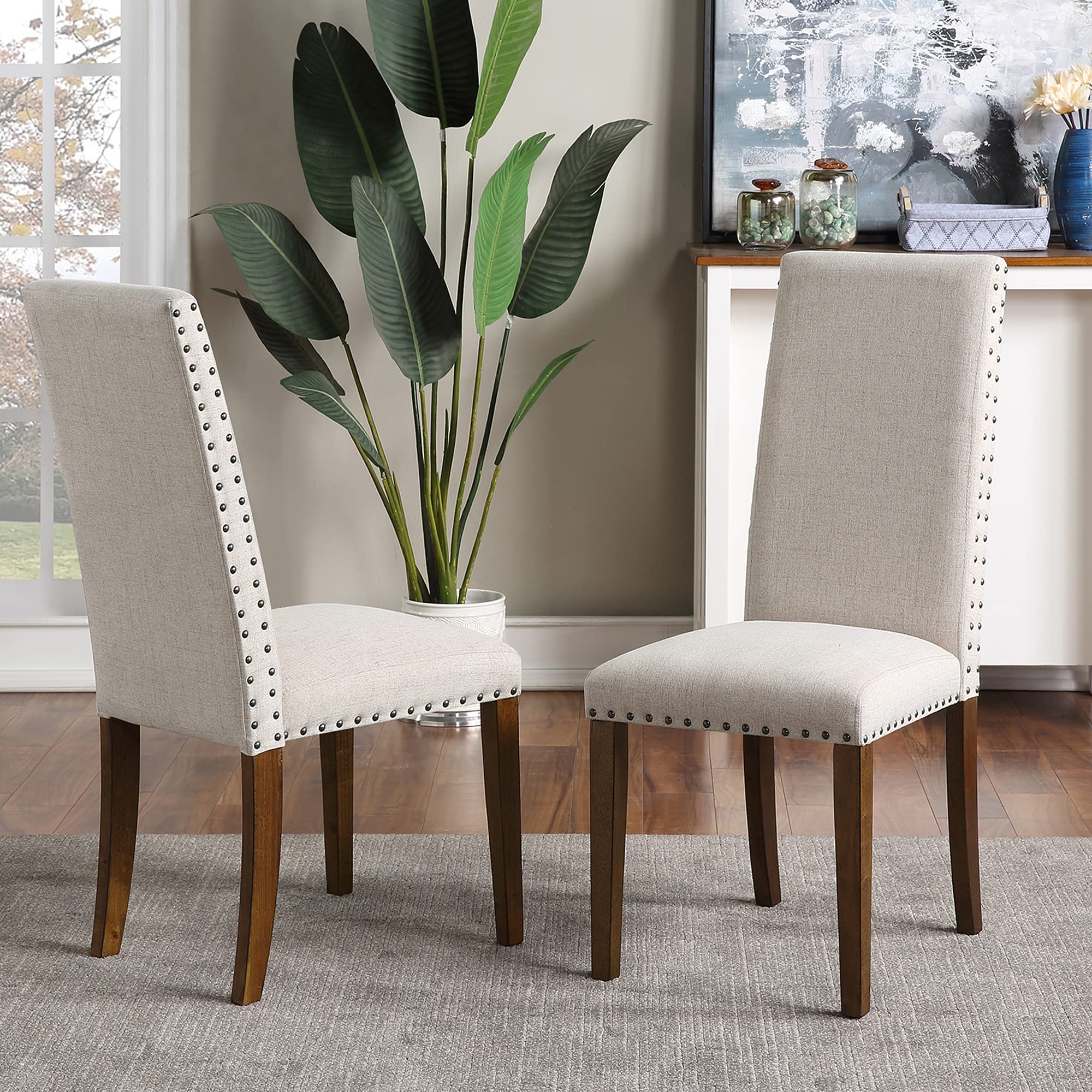 Merax Set of 2 Upholstered Fabric Dining Chairs with Copper Nails and Solid Wood Legs (Beige and Brown)