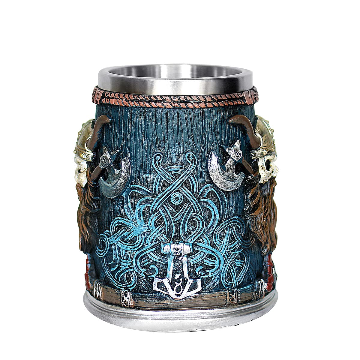 OTARTU Valhalla Viking Stainless Steel Single Handle Horn Skull Beer Stein Cup, Nordic Viking Warrior Skull Mug Tankard 17oz, Halloween Bar Drinkware Men’s Gift
