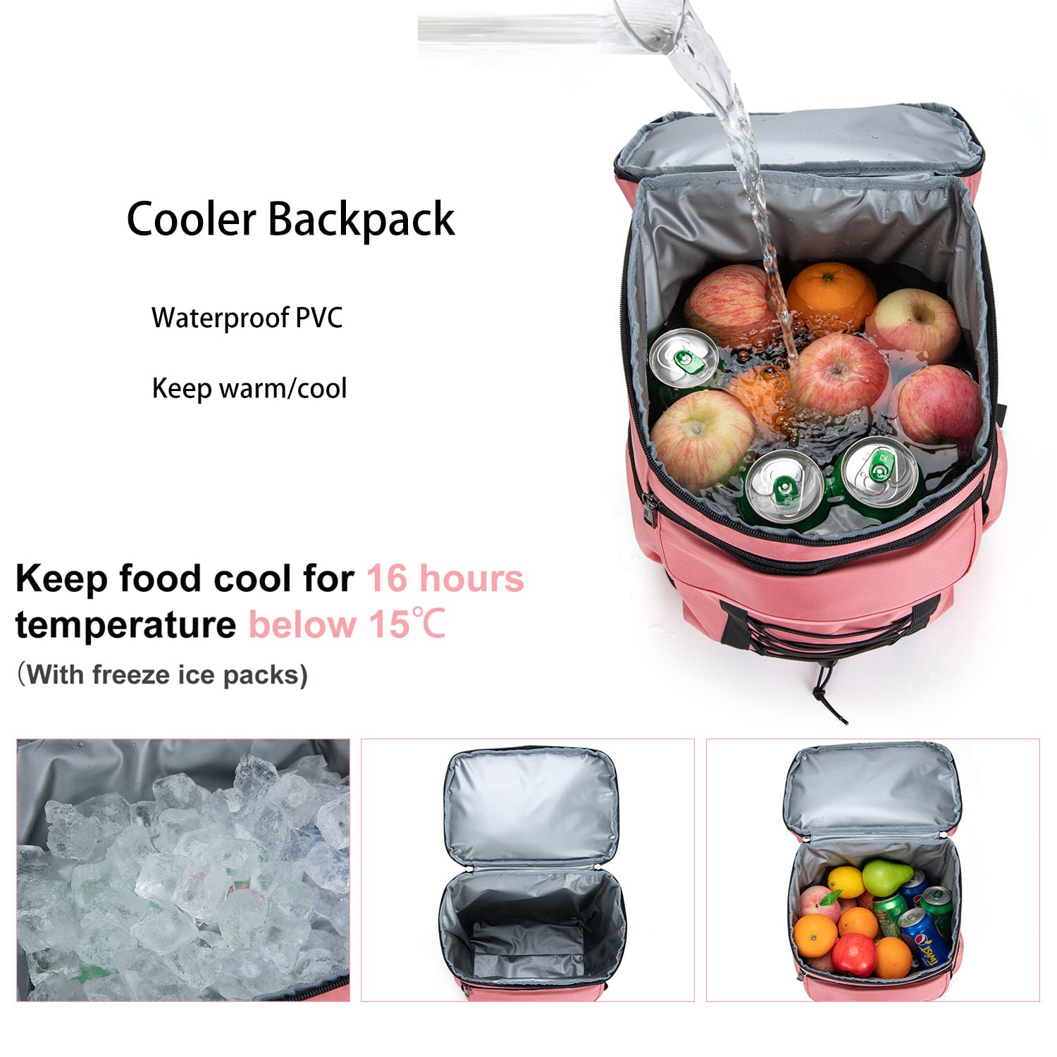 Seyfocnia Backpack Cooler, 25L Capacity, Pink, PVC Material, Insulated, Leakproof, Travel, Camping, Lunch, Hiking